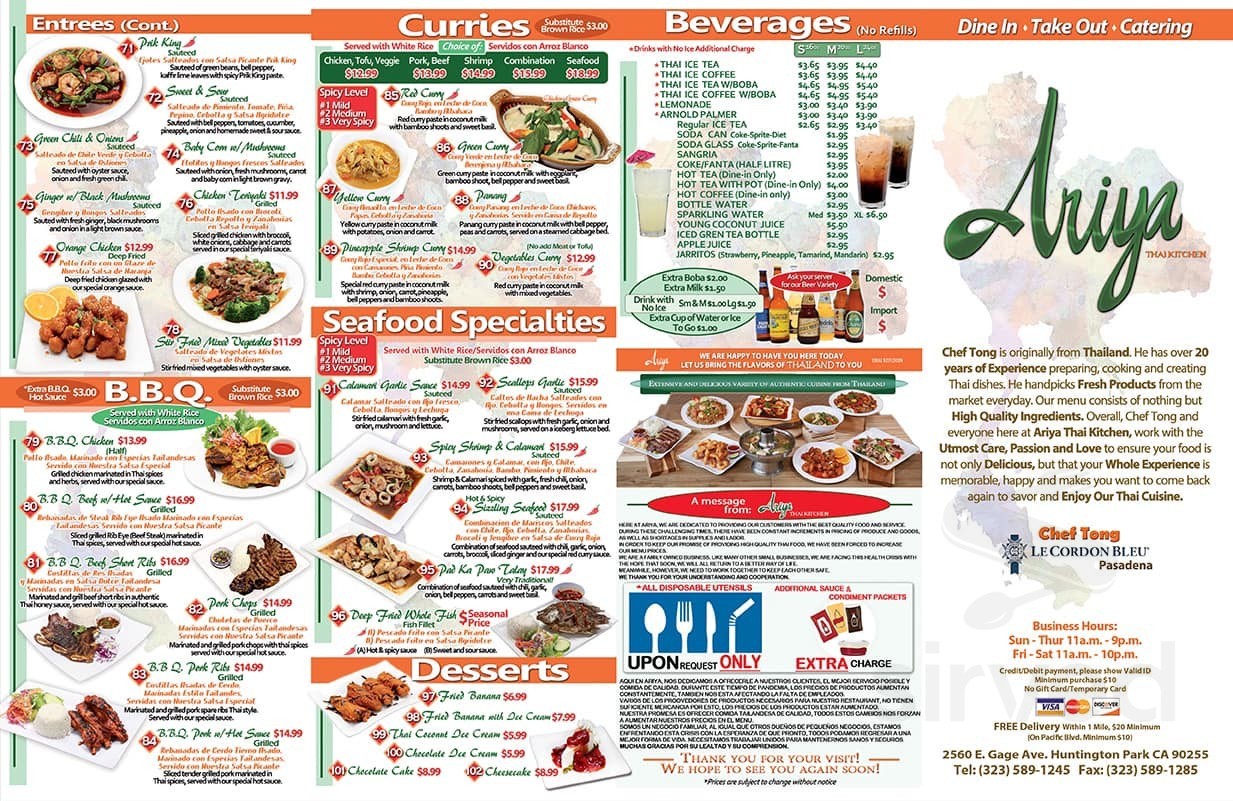Ariya Thai Kitchen menu in Huntington Park, California, USA