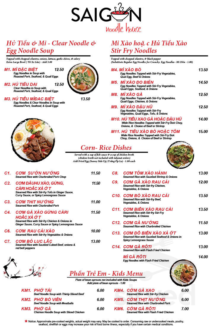 Saigon Noodle House menu in Birmingham, Alabama, USA