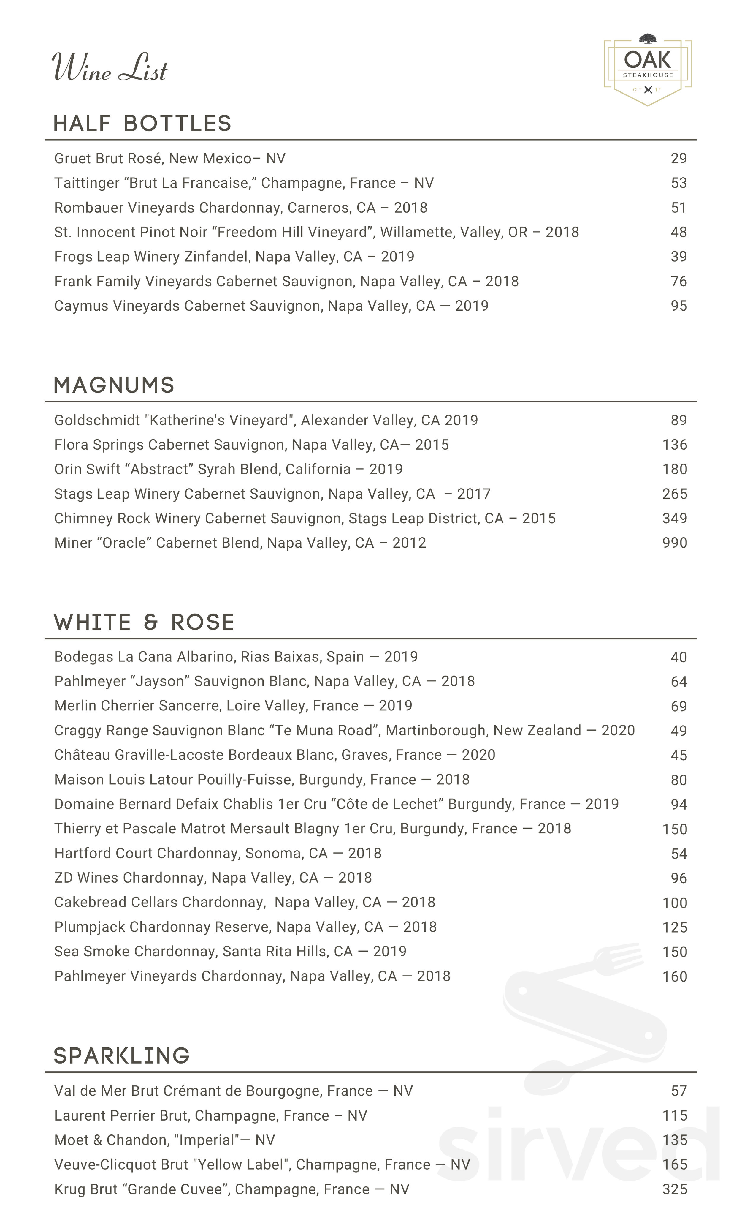 Oak Steakhouse menu in Raleigh, North Carolina, USA