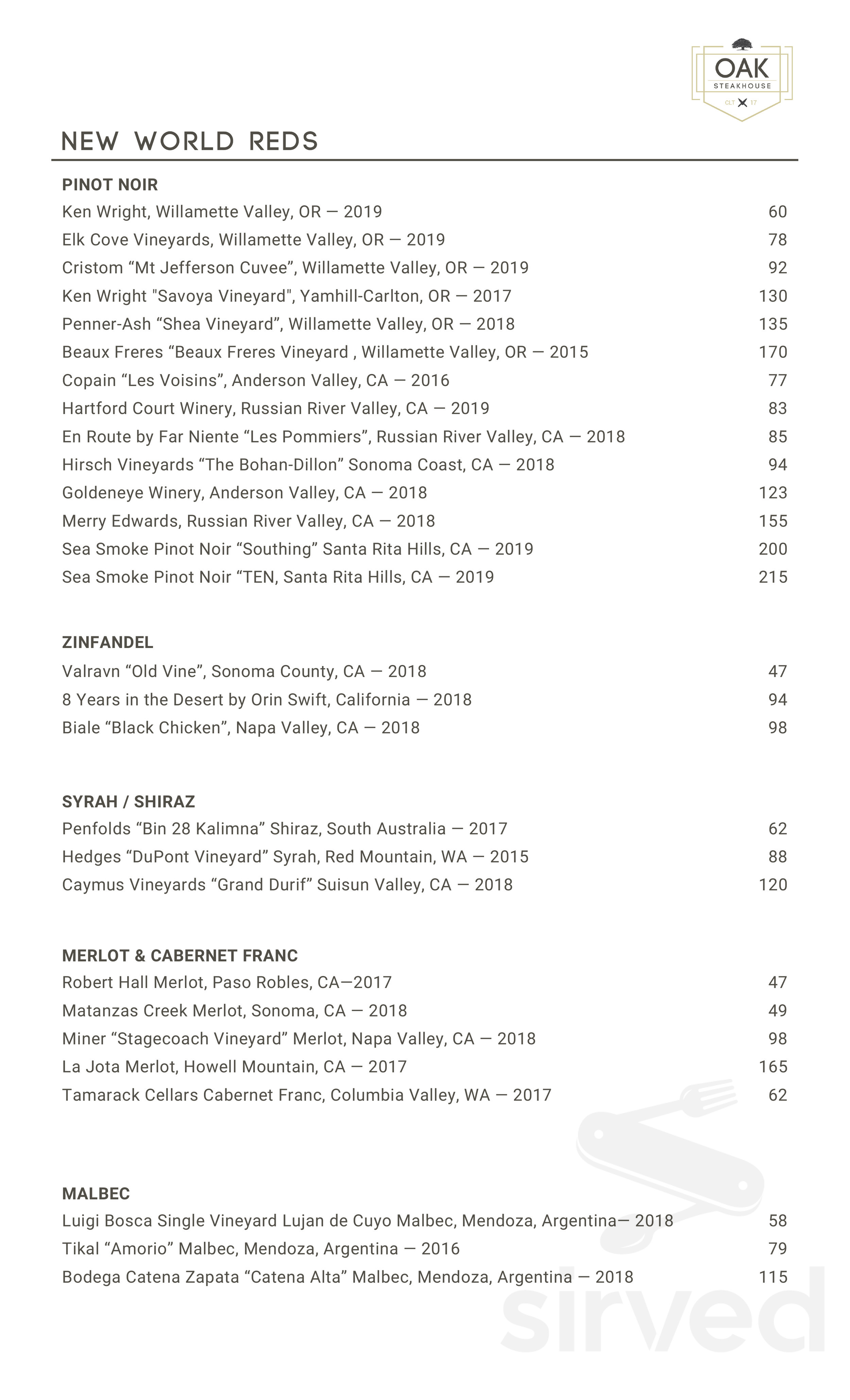 Oak Steakhouse menu in Charlotte, North Carolina, USA