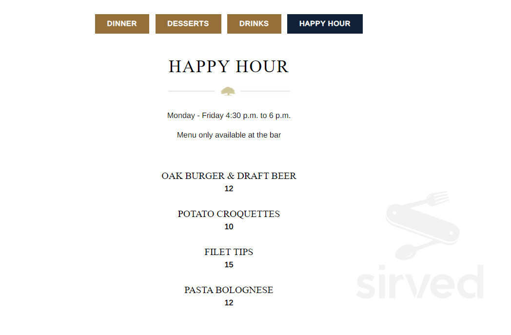 Oak Steakhouse menu in Raleigh, North Carolina, USA