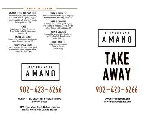 Ristorante a Mano menu in Halifax, Nova Scotia, Canada