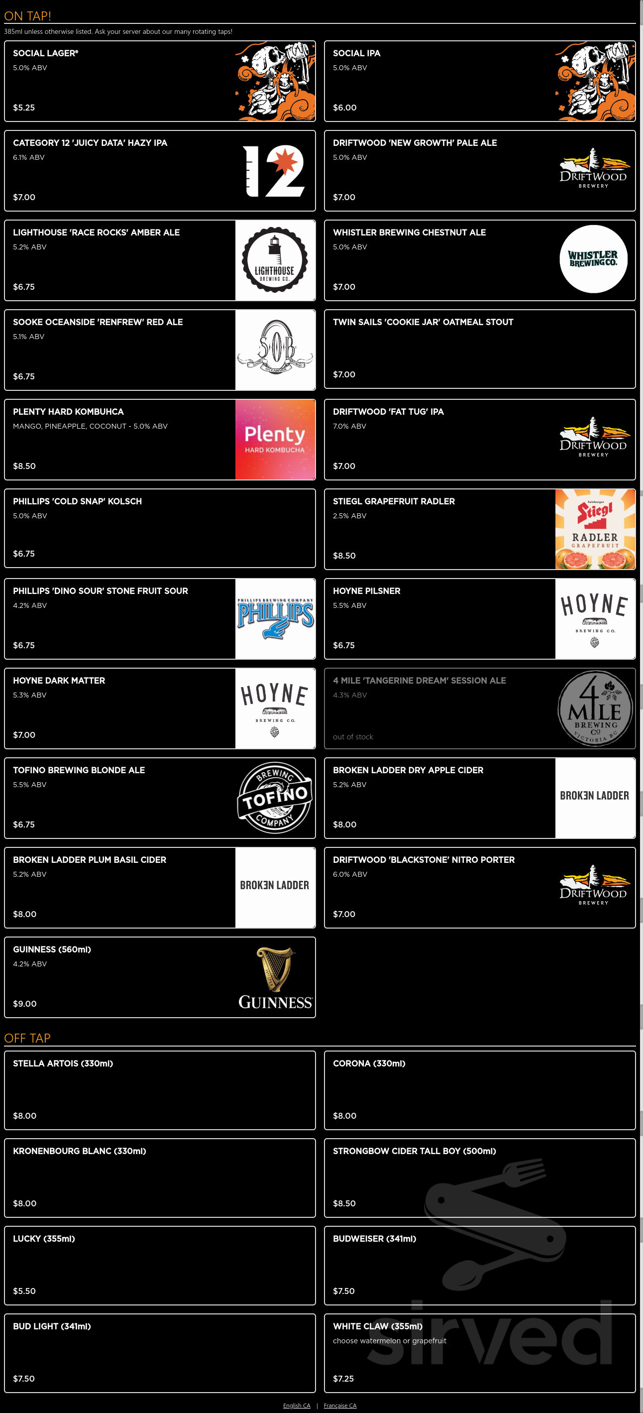 Browns Crafthouse Vic West menu in Victoria, British Columbia, Canada