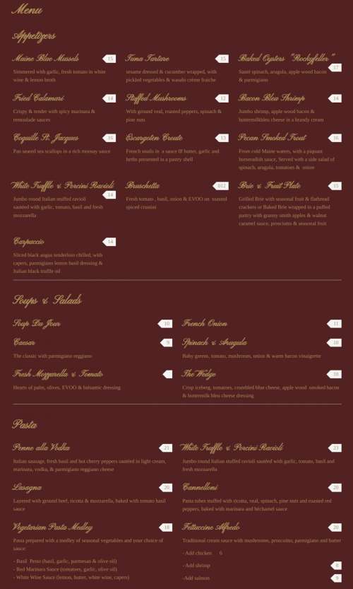 Davani's menu in Greenville, South Carolina, USA