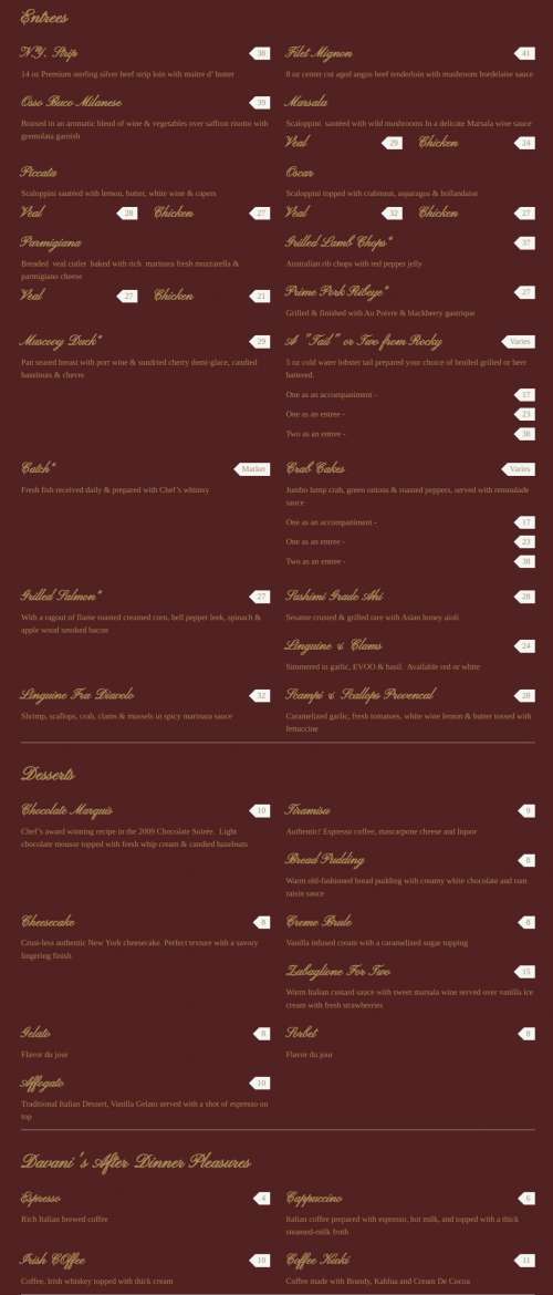 Davani's menu in Greenville, South Carolina, USA