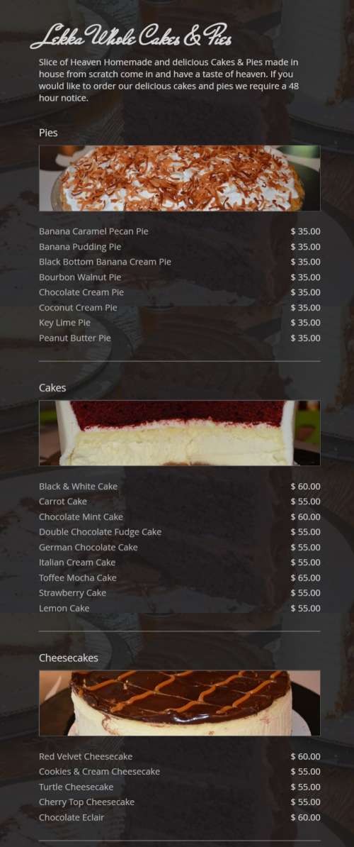 Lekka menu in Dallas, Texas, USA