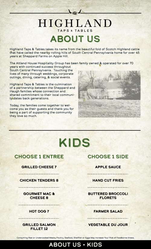 Highland Taps & Tables menu in Hanover, Pennsylvania, USA