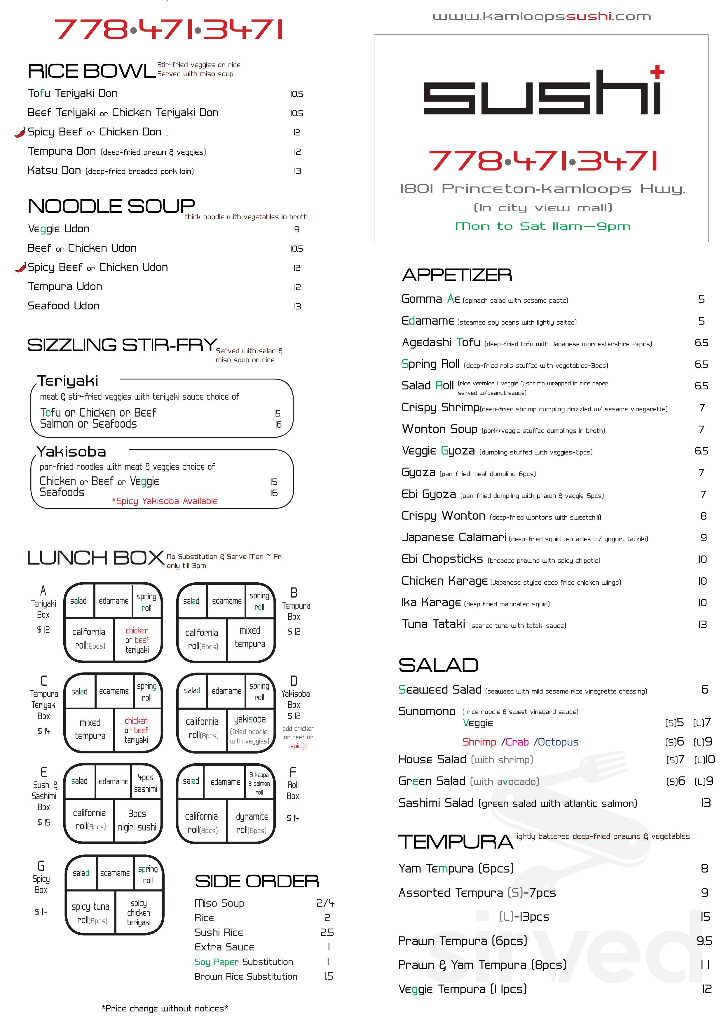 Menu for Sushi Plus in Kamloops, BC | Sirved