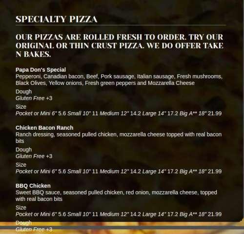 Papa Don's Pizza menu in Fort Scott, Kansas, USA