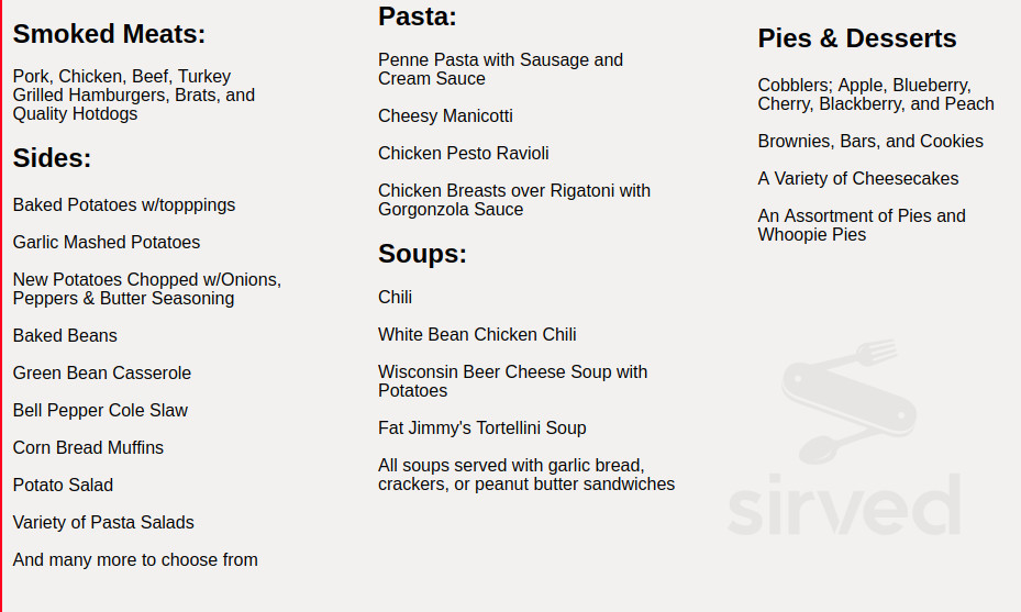 Menu for Fat Jimmy's Smokehouse and Spirits in Montrose, IA | Sirved