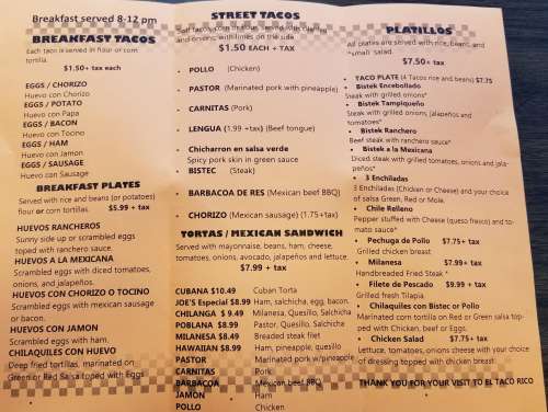 El Taco Rico Restaurant menu in Denton, Texas, USA