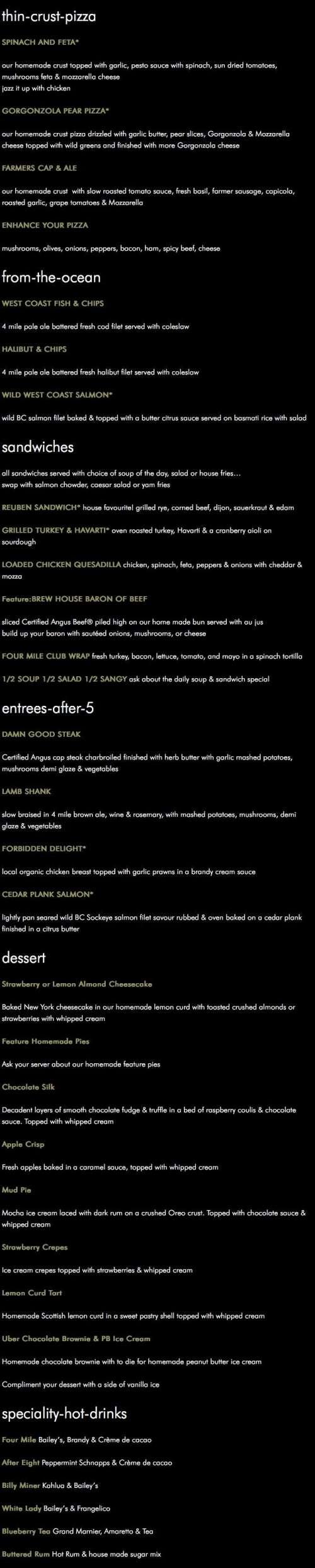 Four Mile Brew Pub menu in Victoria, British Columbia, Canada