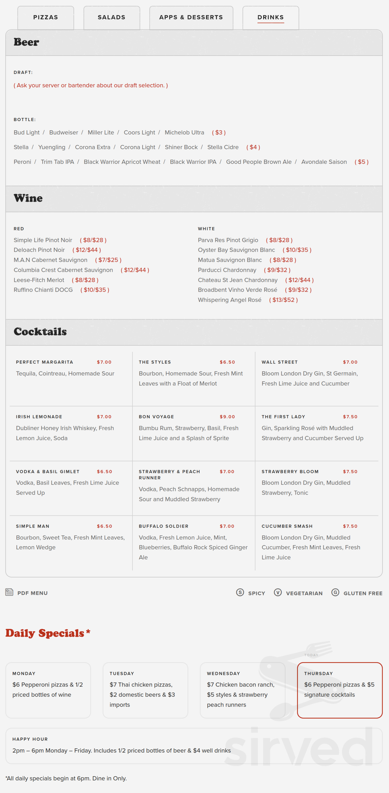 Heat Pizza Bar menu in Tuscaloosa, Alabama, USA