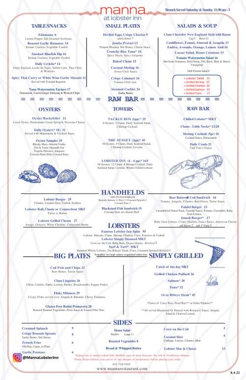 Manna at Lobster Inn menu in Southampton, New York, USA
