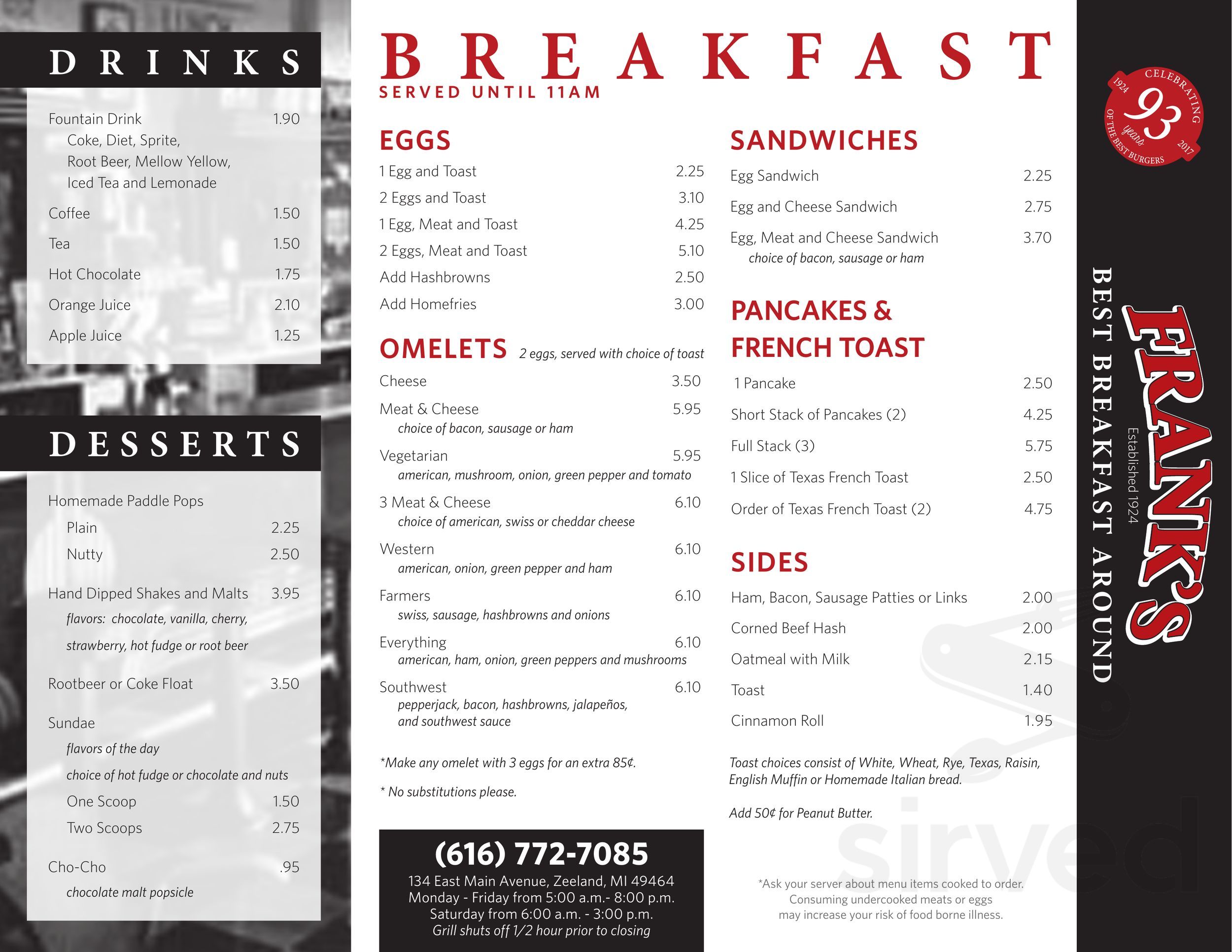 Menu for Frank's Restaurant in Zeeland, MI | Sirved