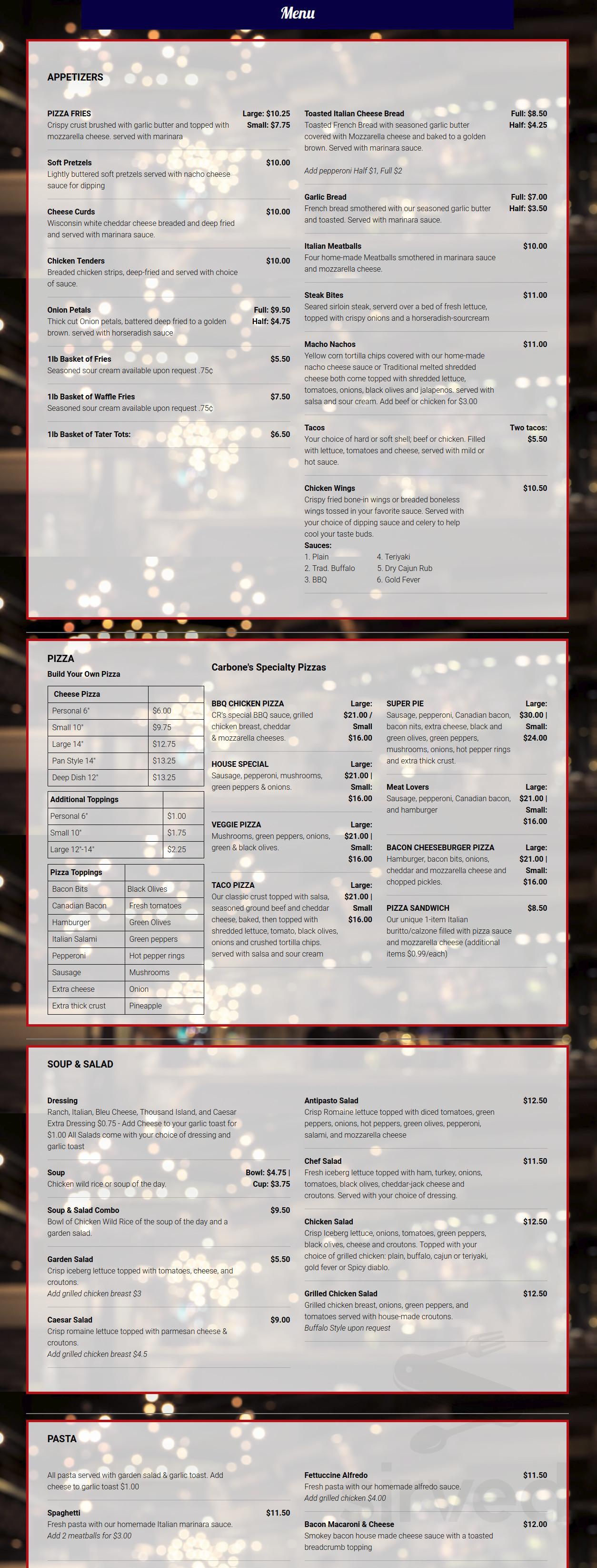 Menu - Minneapolis MN's CR's Sports Bar & Carbone's Pizzeria | Sirved