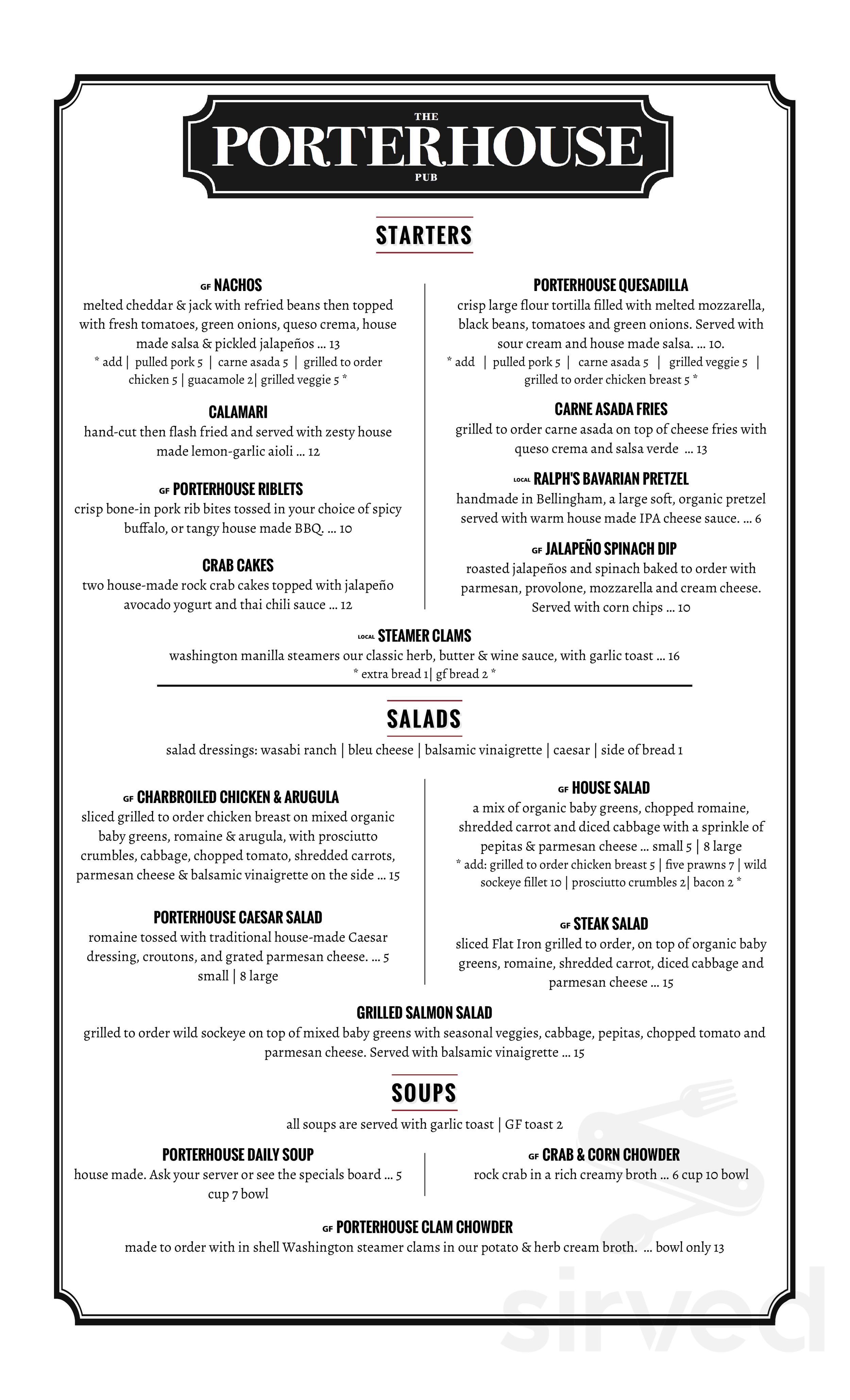 Menu for The Porterhouse Pub in Mount Vernon, WA | Sirved