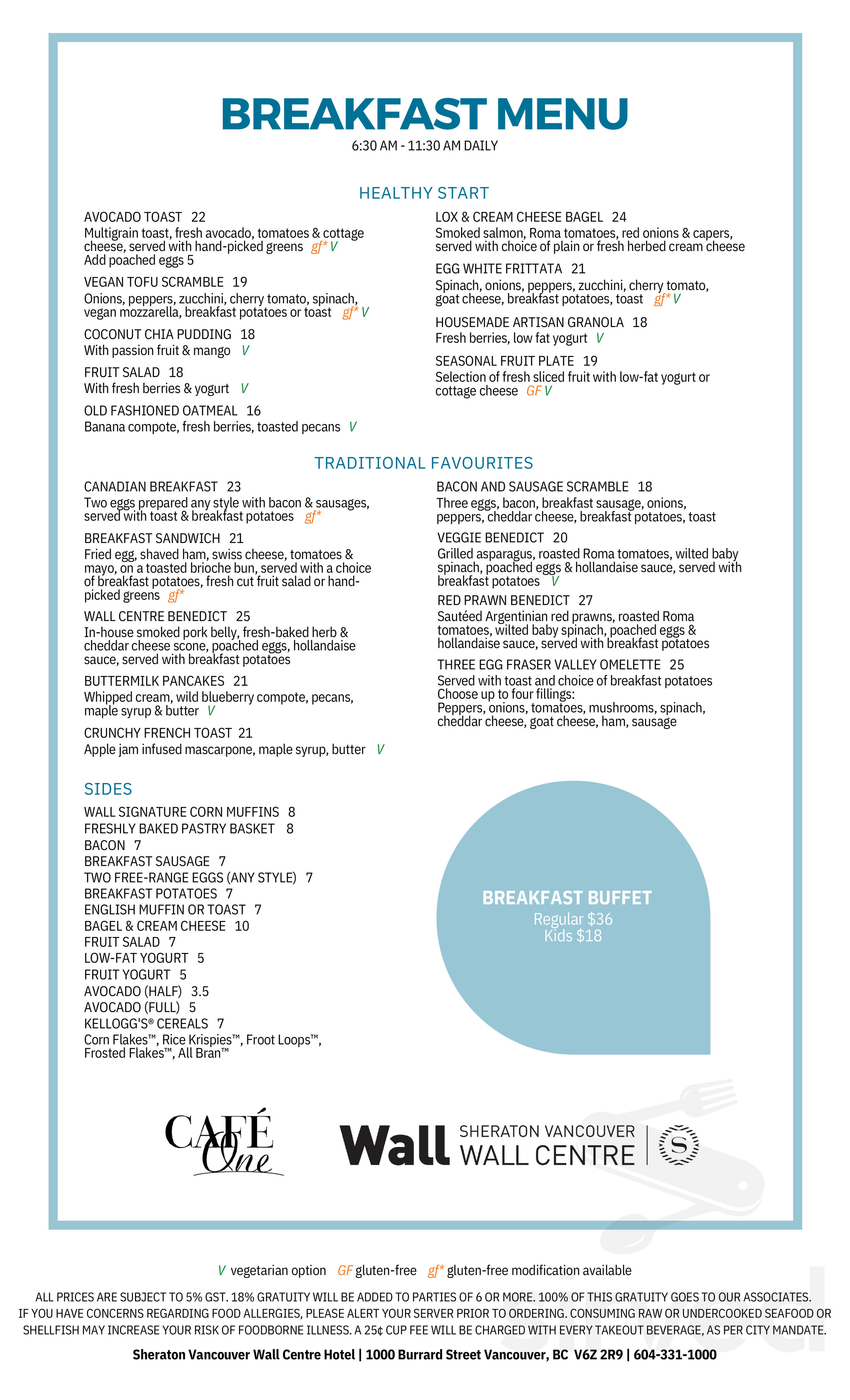 Café One menu in Vancouver, British Columbia, Canada