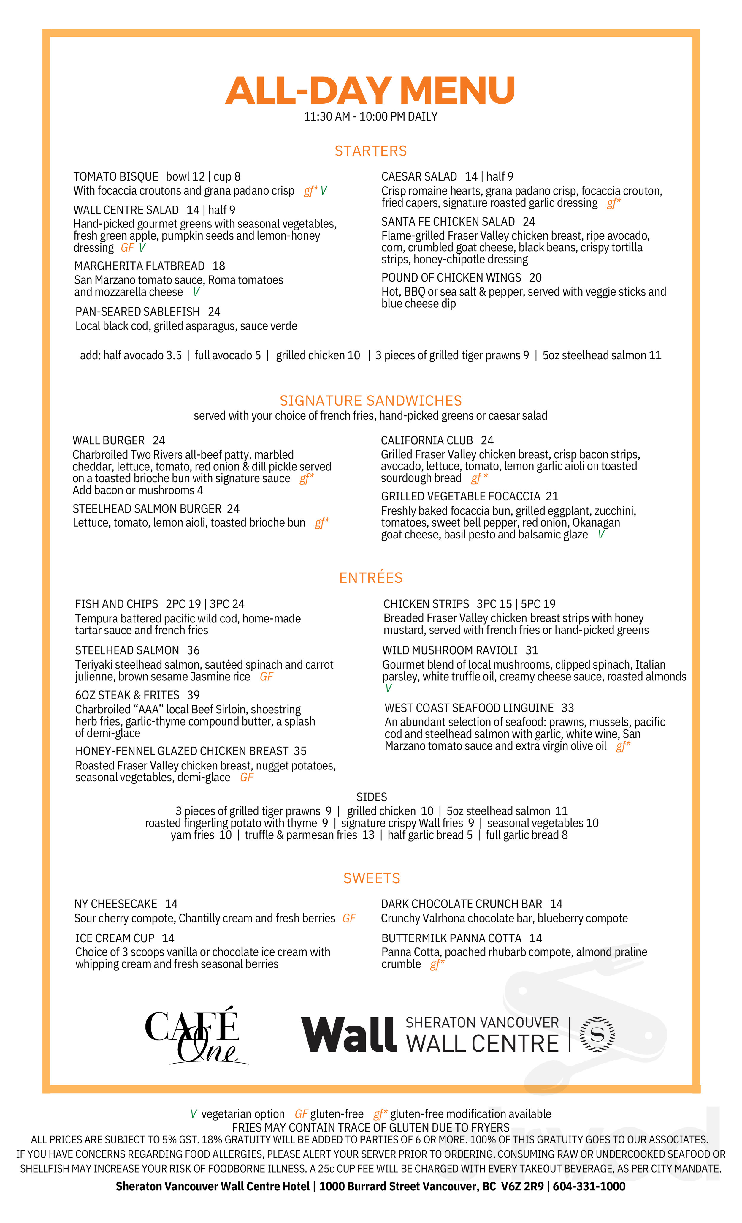 Café One menu in Vancouver, British Columbia, Canada