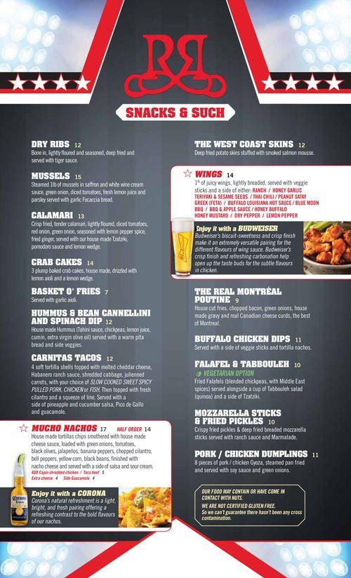 Redd's Roadhouse Pub menu in Victoria, British Columbia, Canada