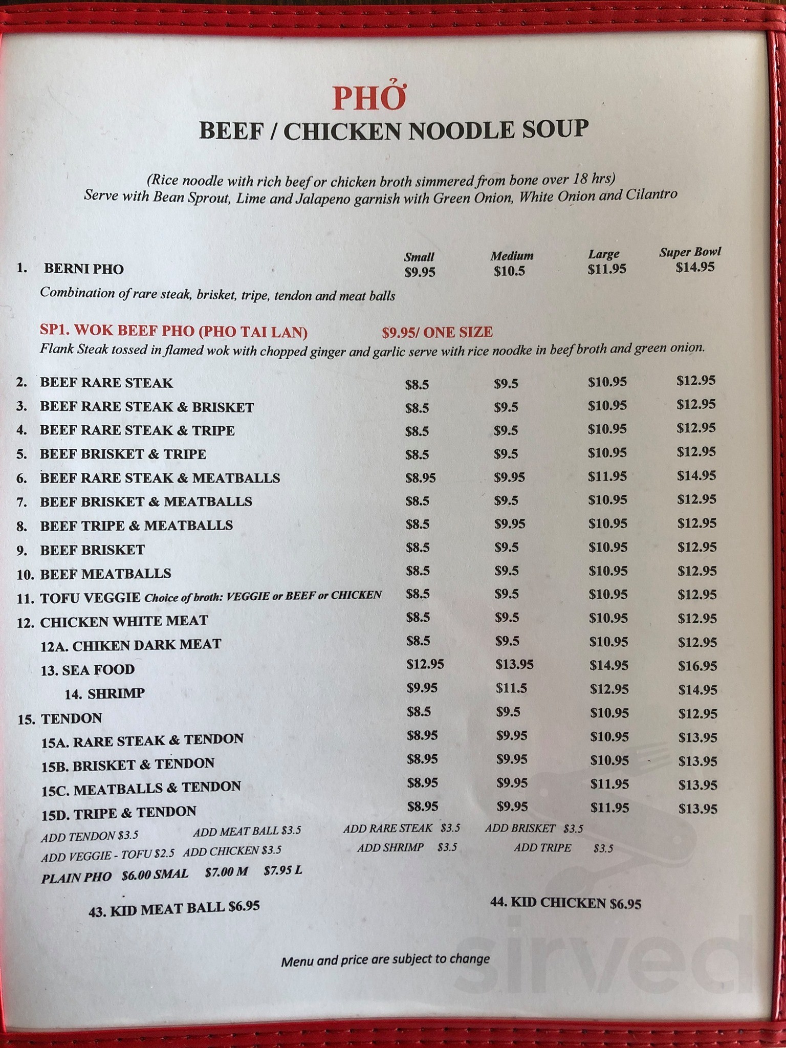 Menu - San Antonio TX's Berni Vietnamese Restaurant | Sirved