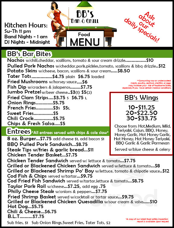 Menu - Boynton Beach FL's BB's Bar & Grill | Sirved