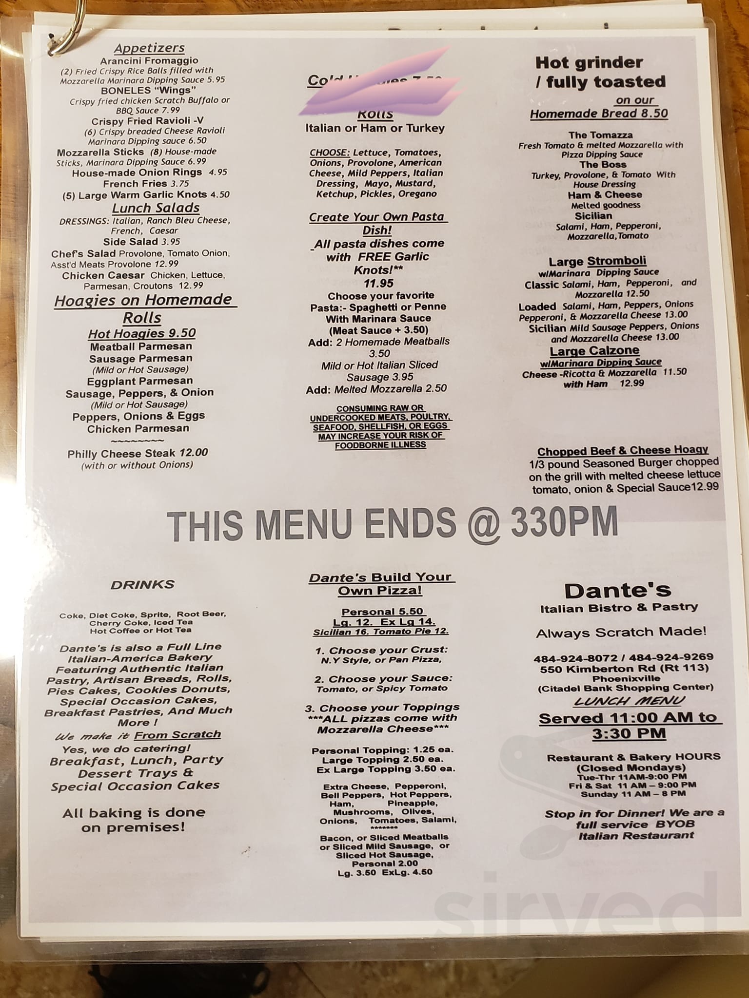 Dante's Italian Bistro & Pastry menu in Phoenixville, Pennsylvania, USA