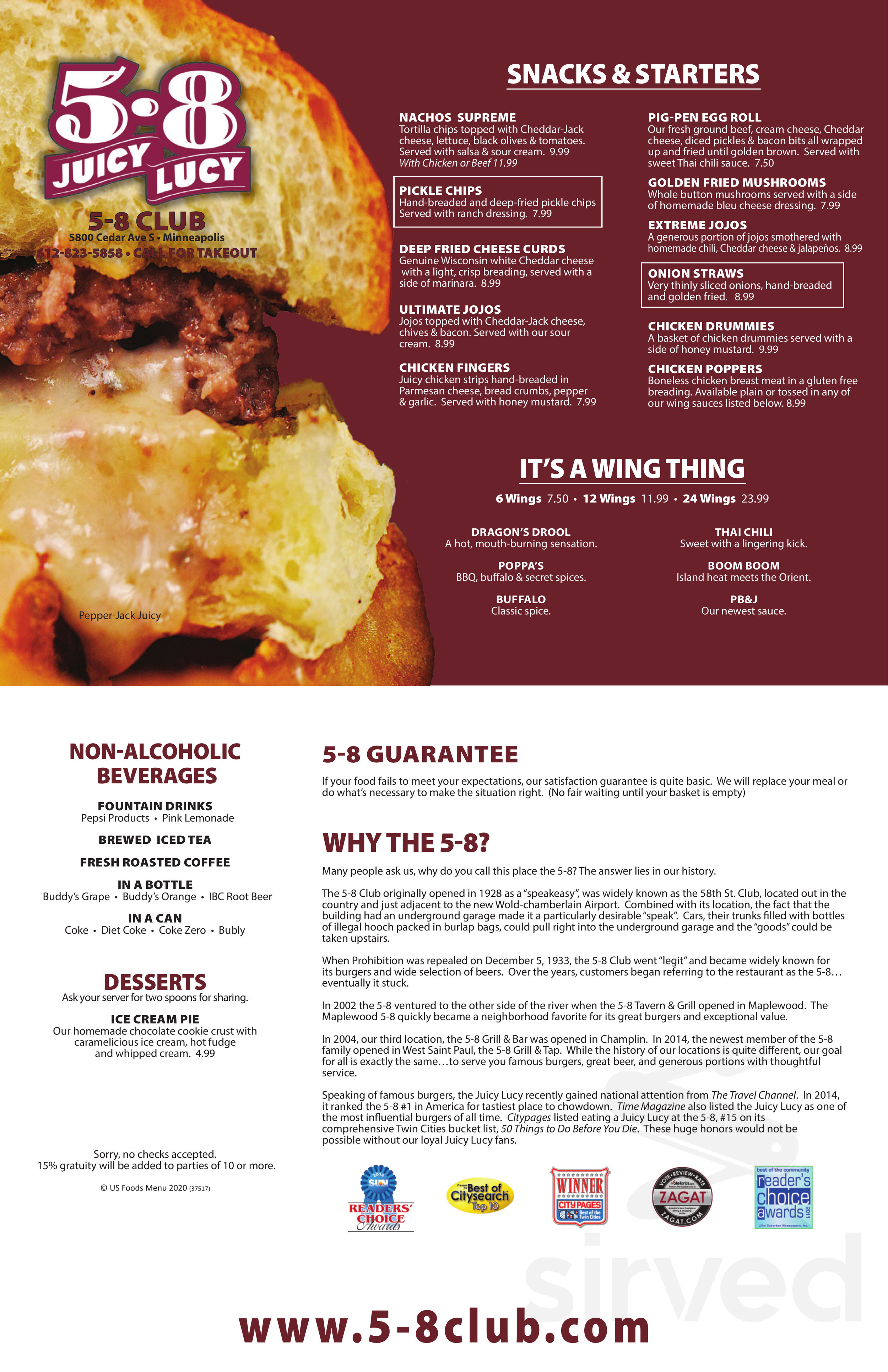 5-8 Club menu in Minneapolis, Minnesota, USA