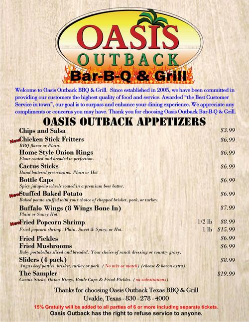 Oasis Outback BBQ & Grill menu in Uvalde, Texas, USA