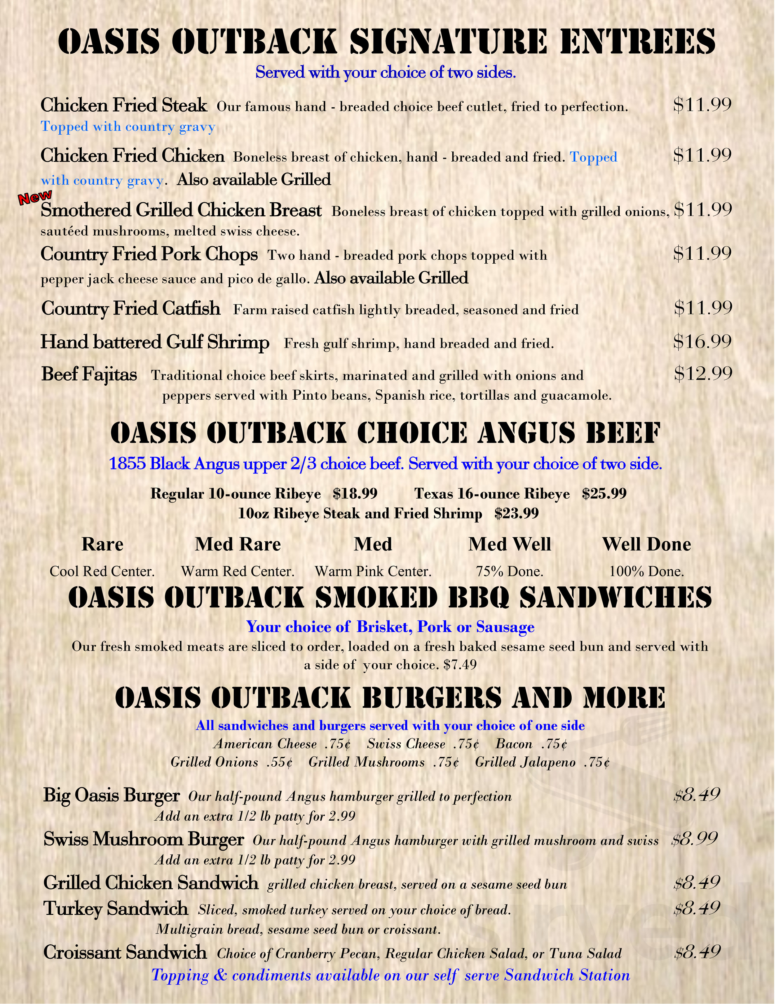Oasis Outback BBQ & Grill menu in Uvalde, Texas, USA