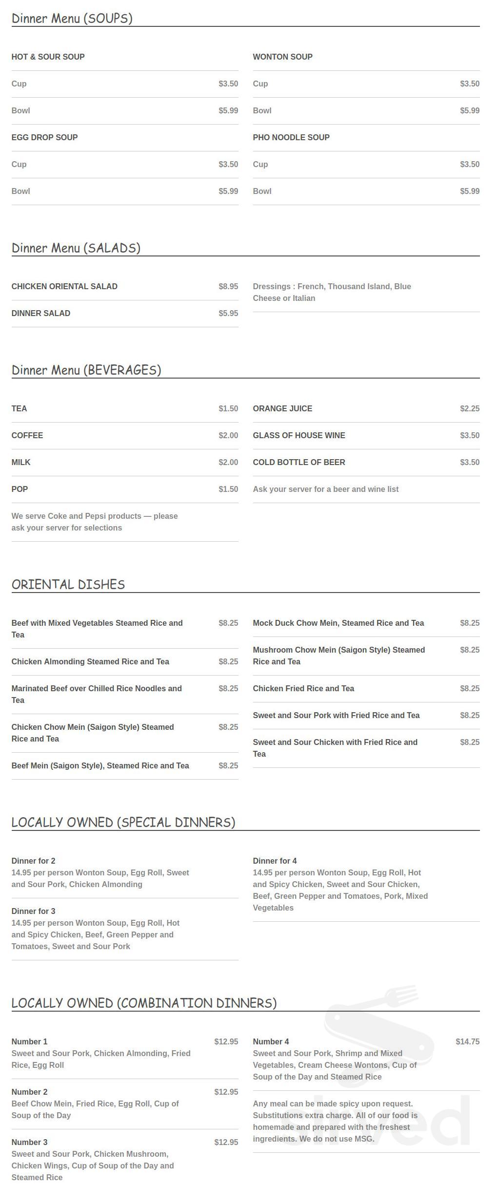 Bach Yen Garden Restaurant menu in Hibbing, Minnesota, USA