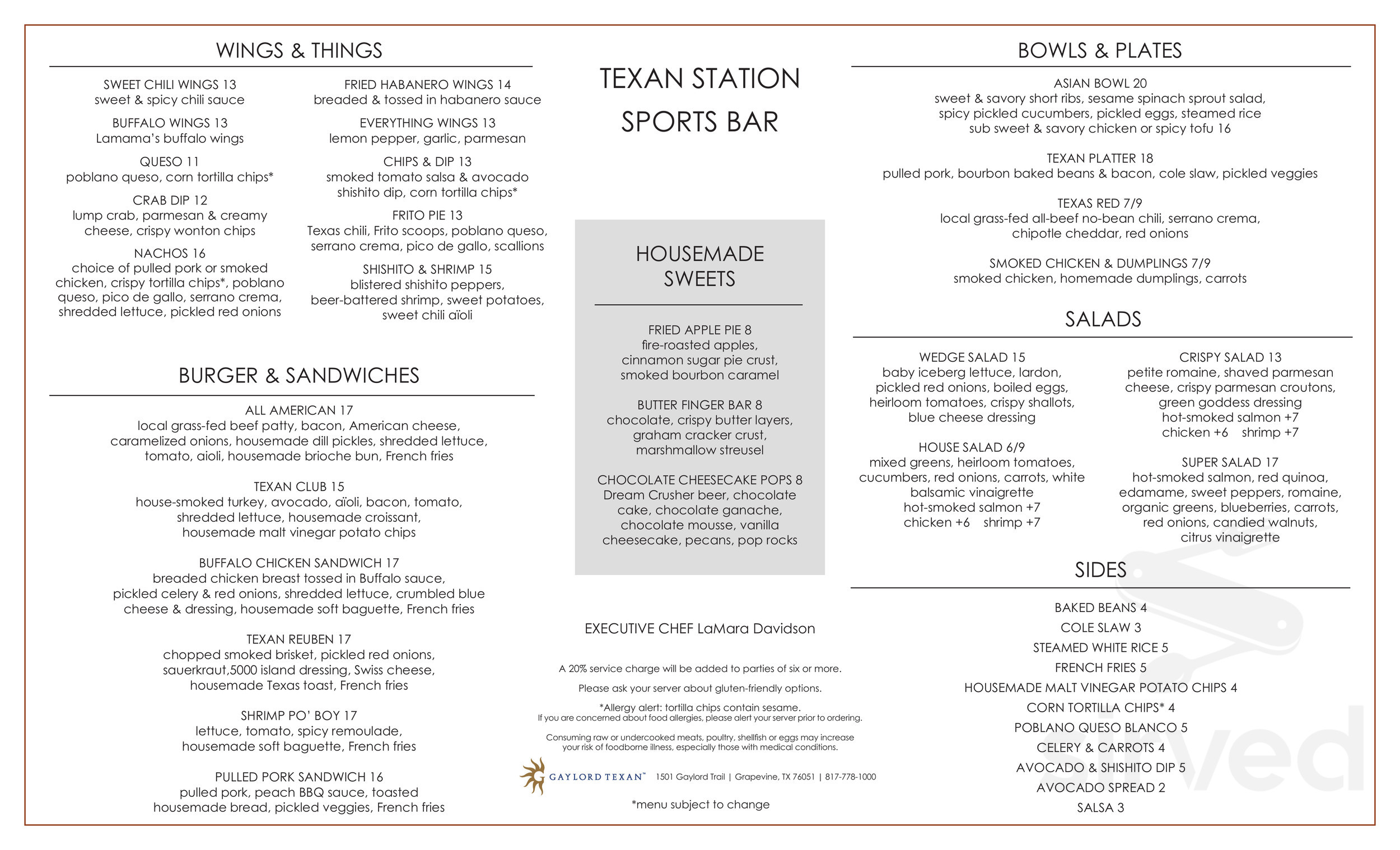 Texan Station menu in Grapevine, Texas, USA
