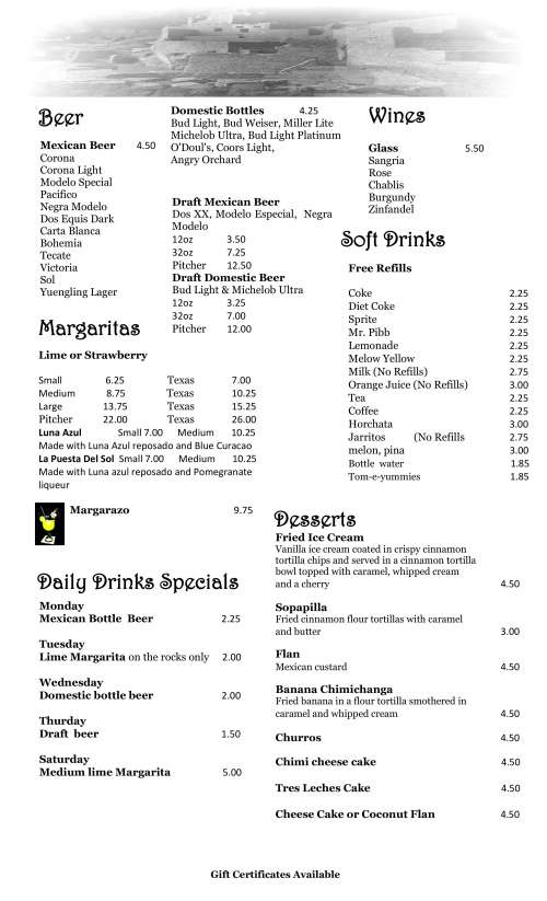 El Señor Mexican Restaurant menu in Knightdale, North Carolina, USA