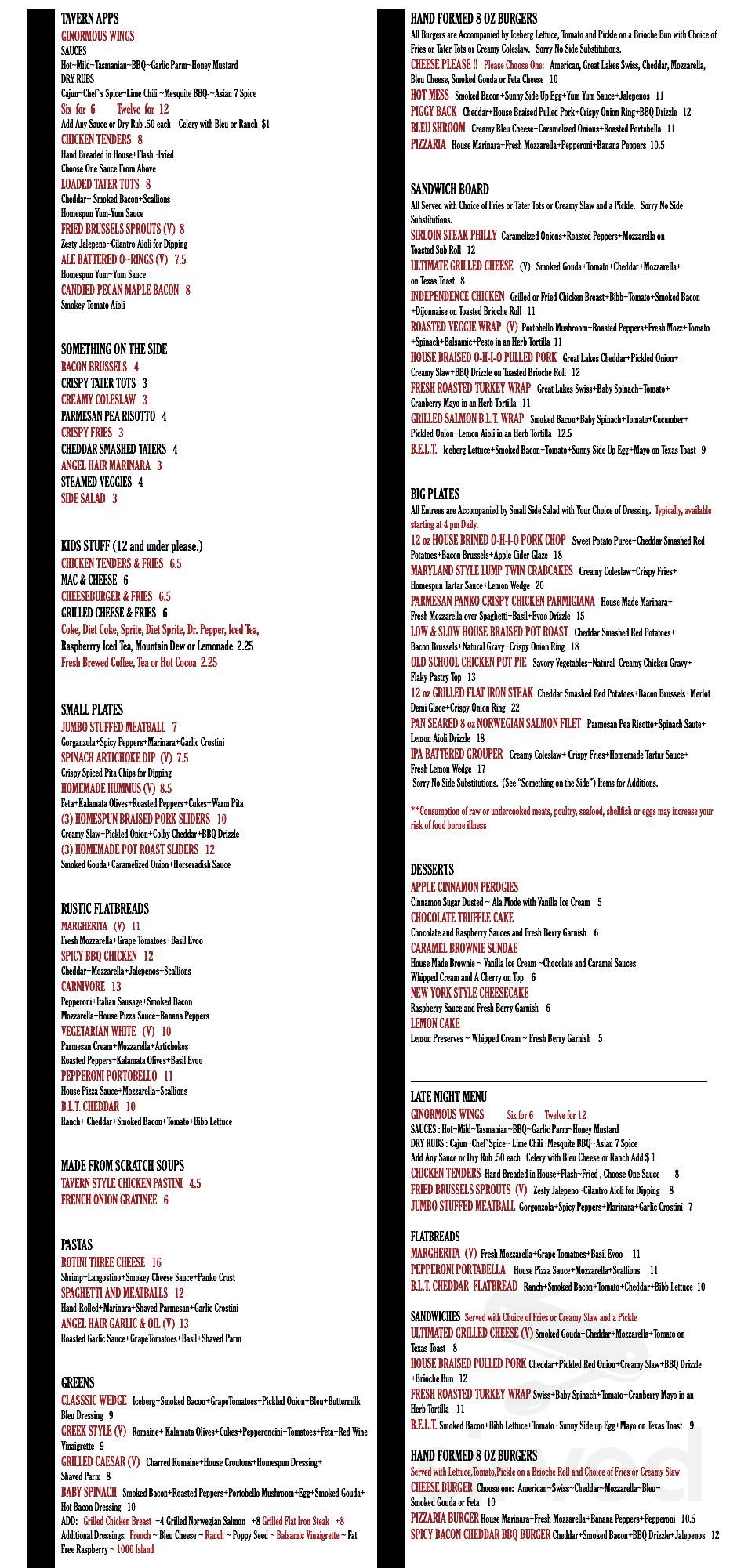 Menu for Tavern of Independence in Independence, OH | Sirved