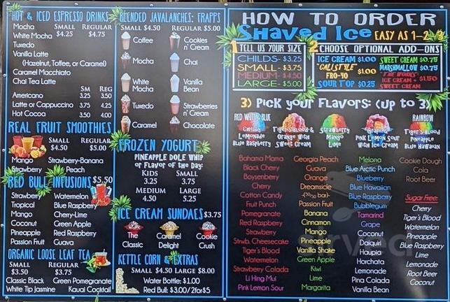 Pura Vida Shaved Ice and Expresso Bar menus in Modesto, California ...