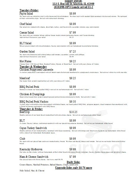 Menu for Simply David's Bakery & Catering in Marion, IL | Sirved