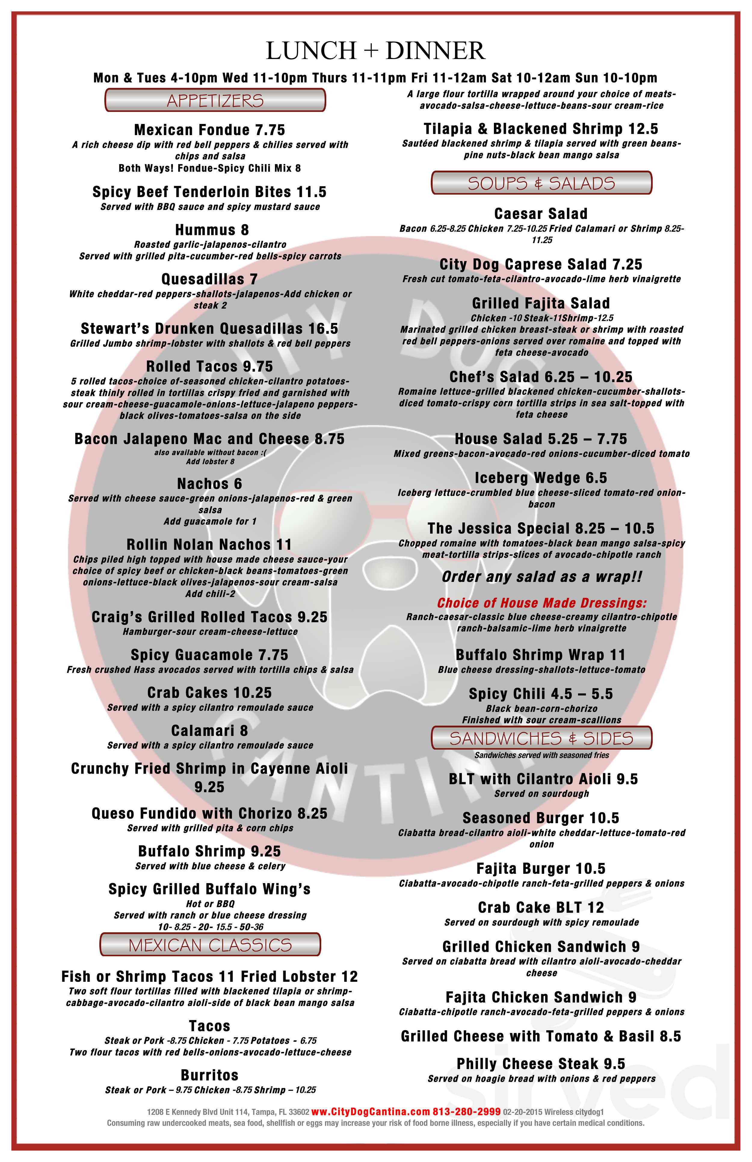 CITY DOG CANTINA menu in Tampa, Florida, USA