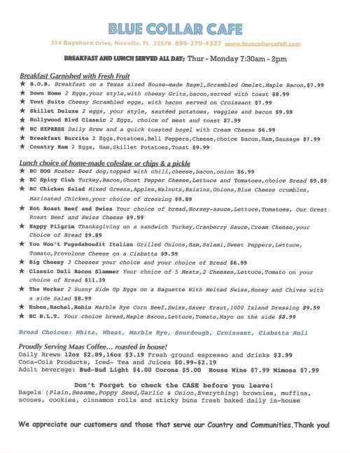 Blue Collar Cafe menu in Niceville, Florida, USA