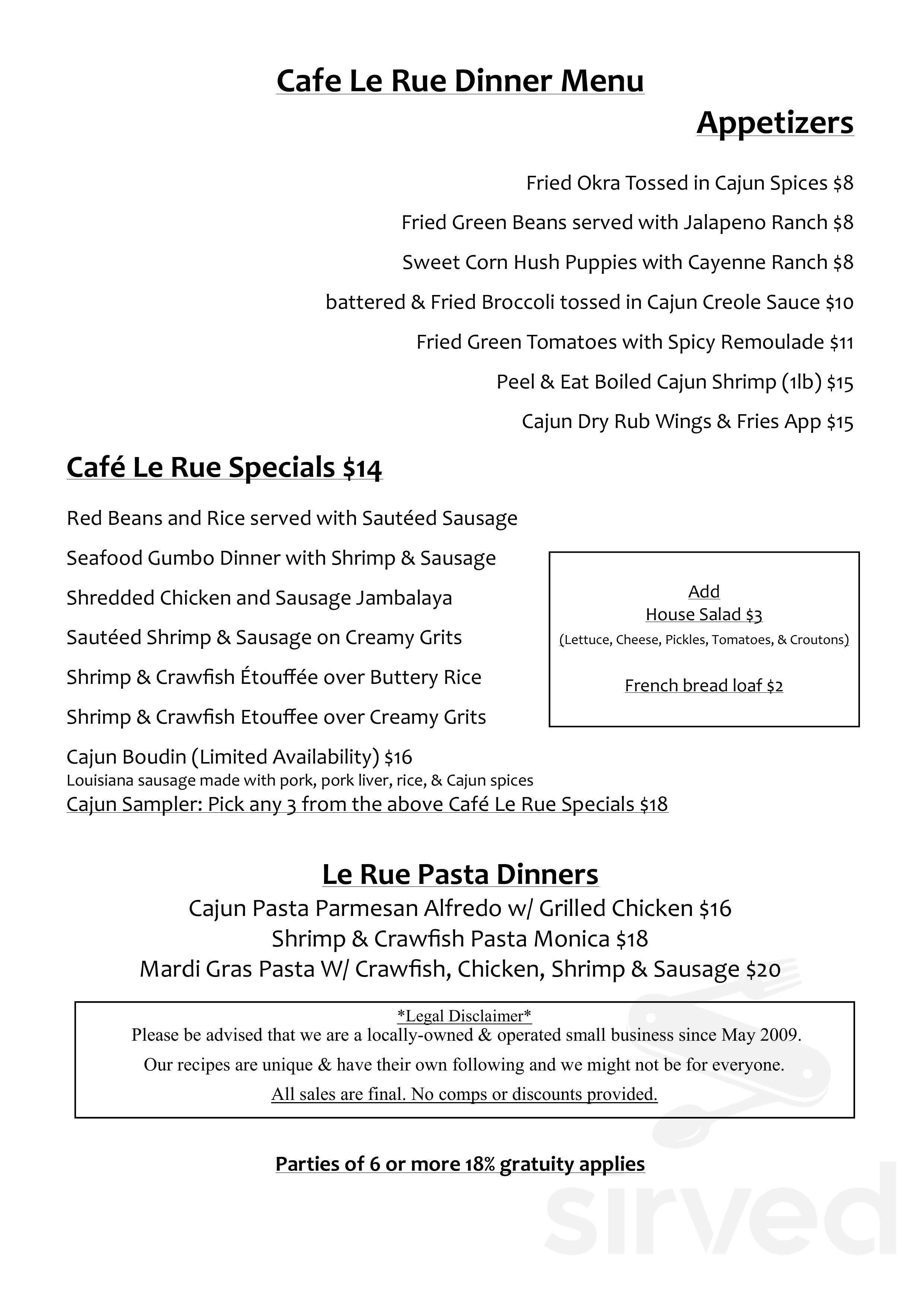 Menu - Columbus GA's Cafe Le Rue @ The Landings | Sirved