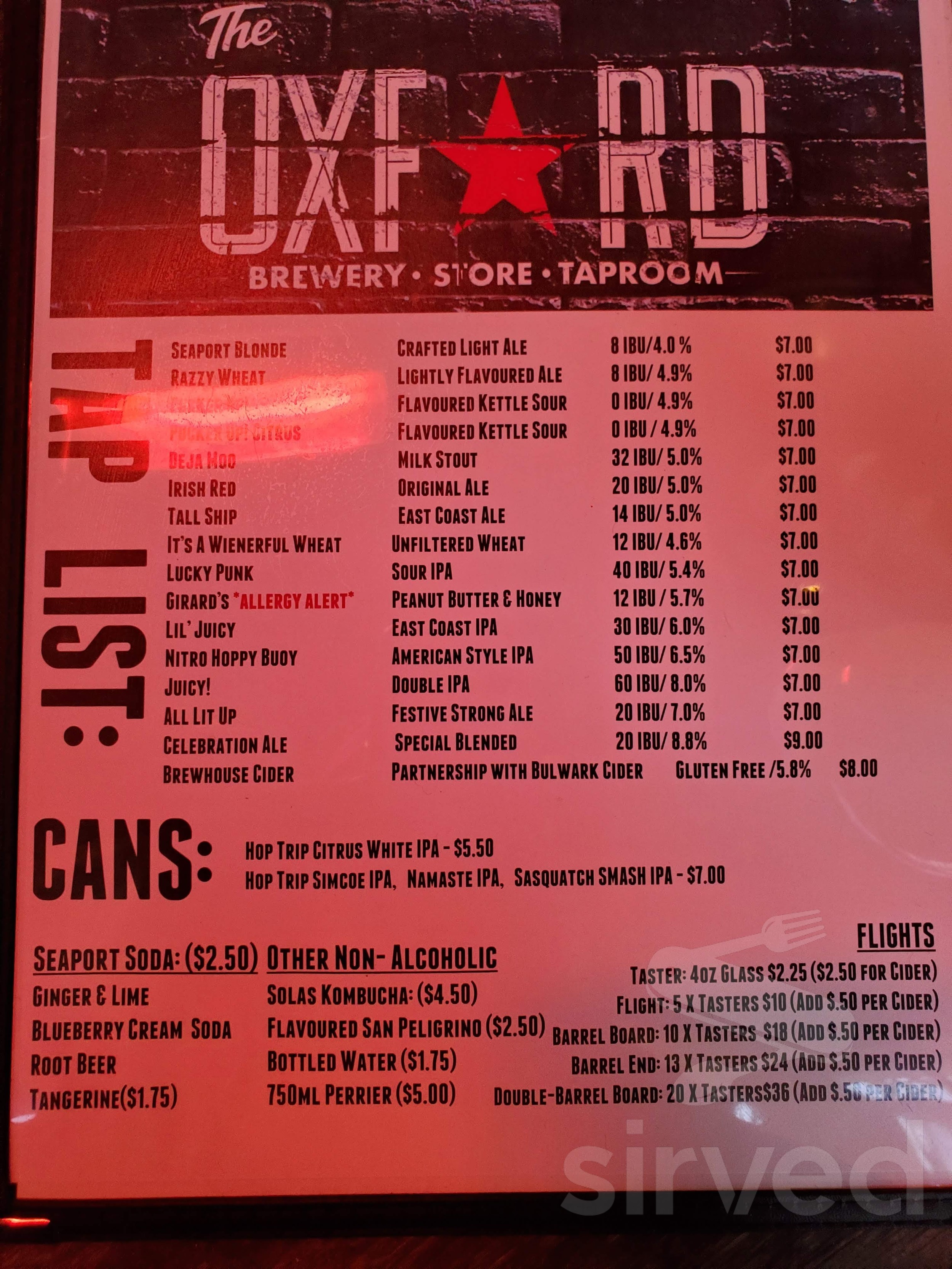 The Oxford Taproom menu in Halifax, Nova Scotia, Canada