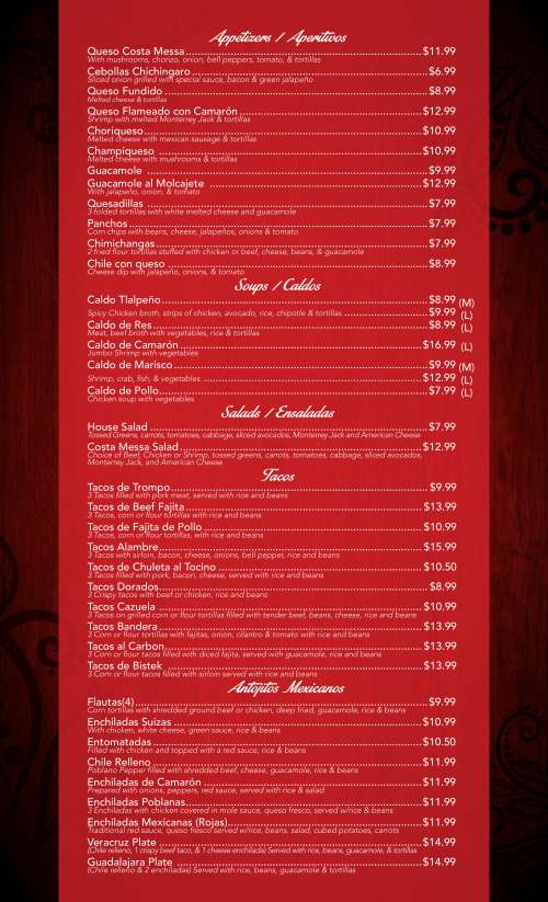 Costa Messa Restaurant North menu in McAllen, Texas, USA