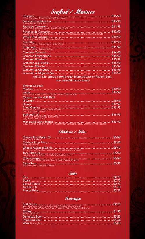 Costa Messa Restaurant North menu in McAllen, Texas, USA