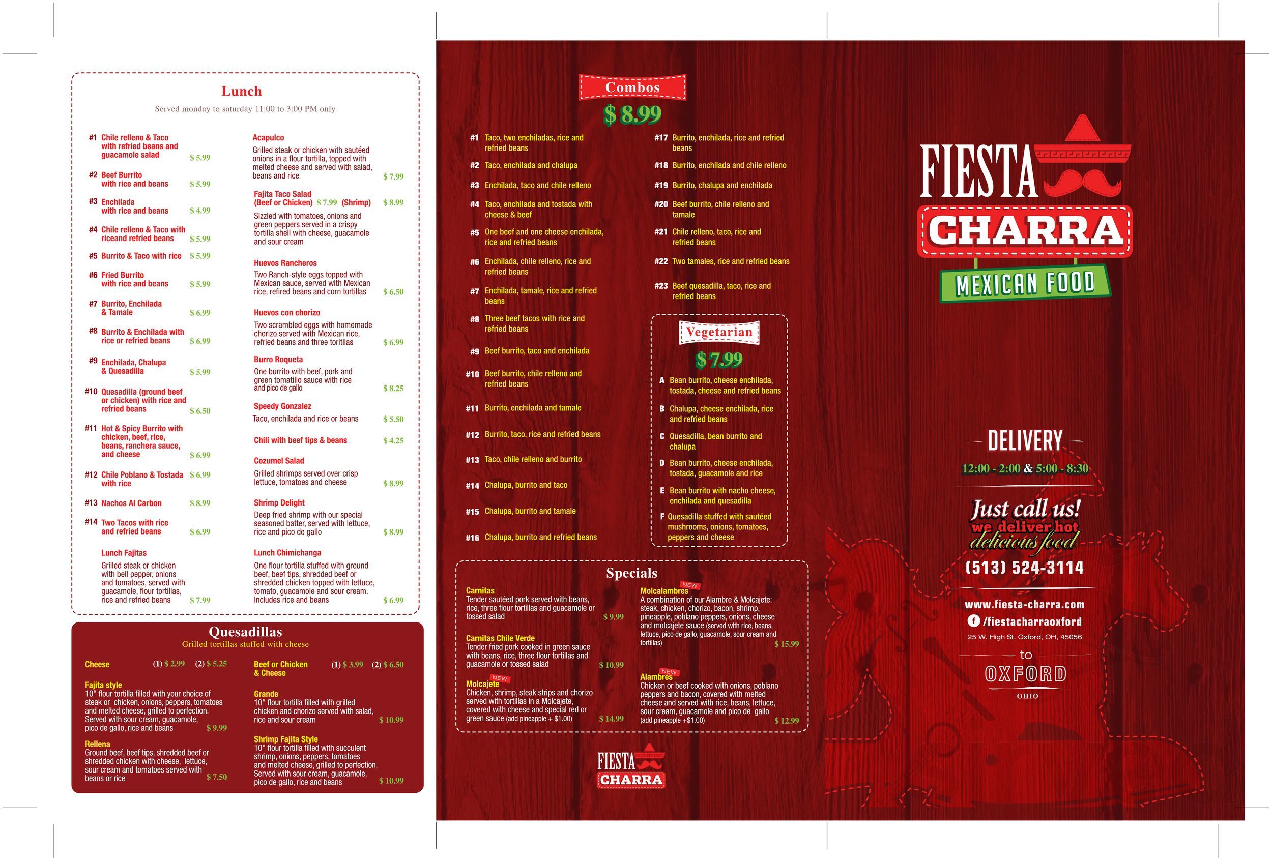 Fiesta Charra menu in Oxford, Ohio, USA