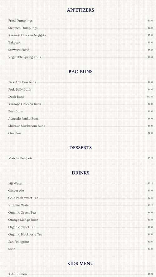 Momoiro Ramen menu in Marietta, Georgia, USA