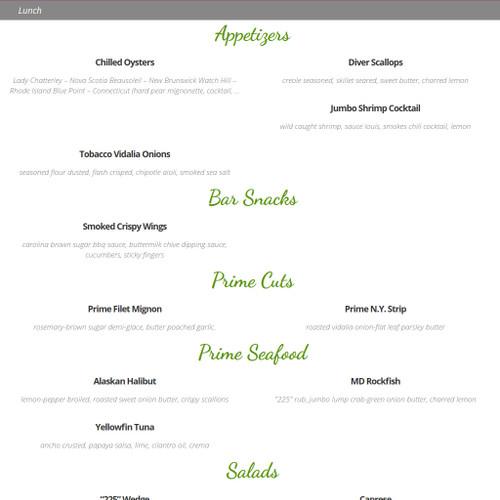 Prime 225 menu in Chesapeake City, Maryland, USA