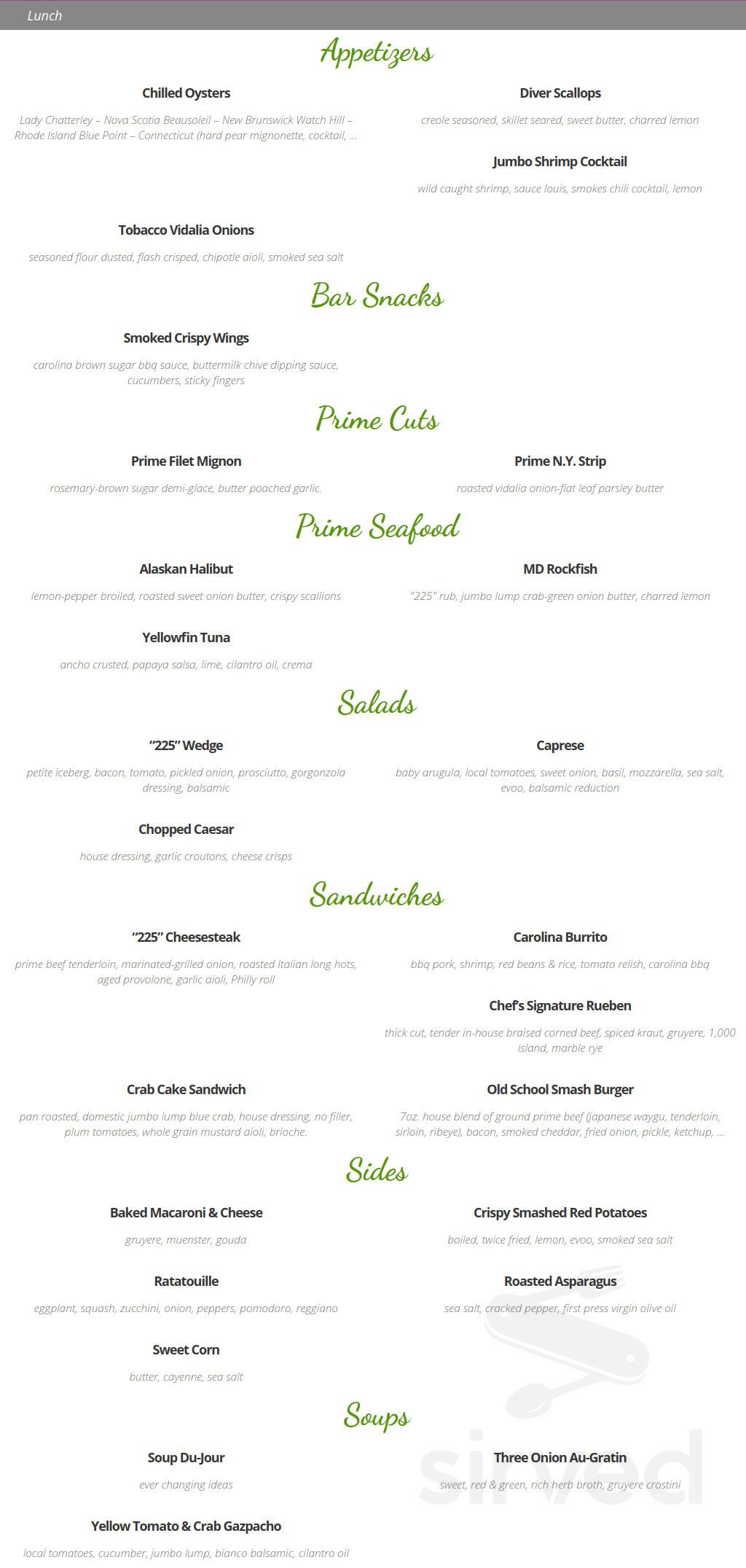 Menu for Prime 225 in Chesapeake City, MD | Sirved