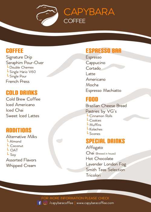 Capybara Coffee menu in Knoxville, Tennessee, USA