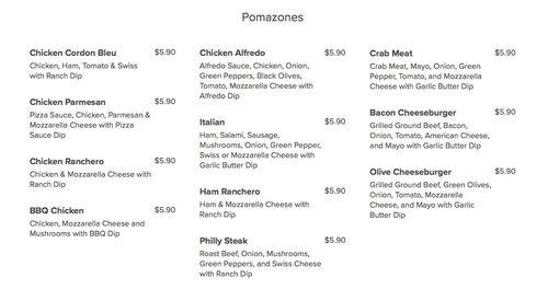 Pompeii's menu in Reed City, Michigan, USA