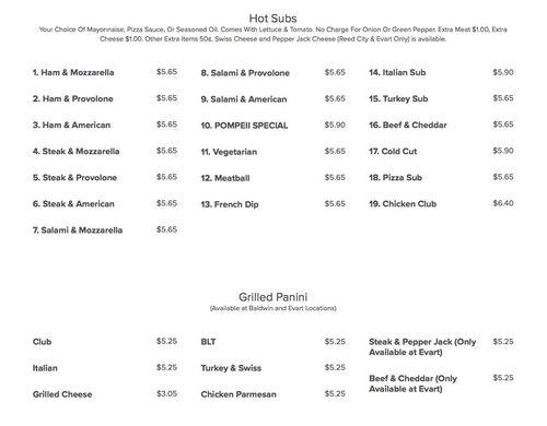 Pompeii's menu in Reed City, Michigan, USA