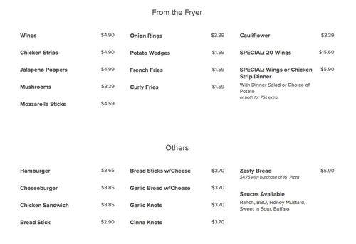 Pompeii's menu in Reed City, Michigan, USA